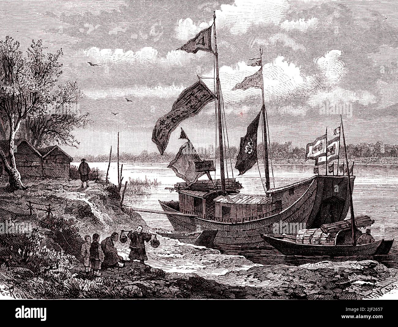 19th century illustration Chinese Army ship in front of Tan Gouan ...