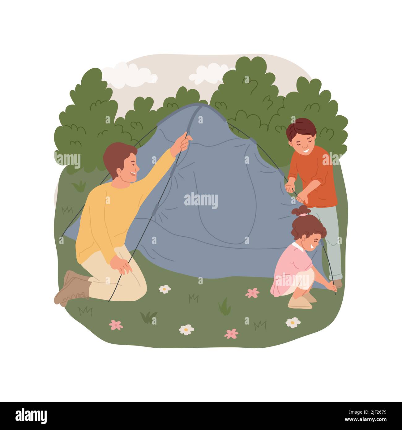 Set up a tent isolated cartoon vector illustration. Father and kids ...