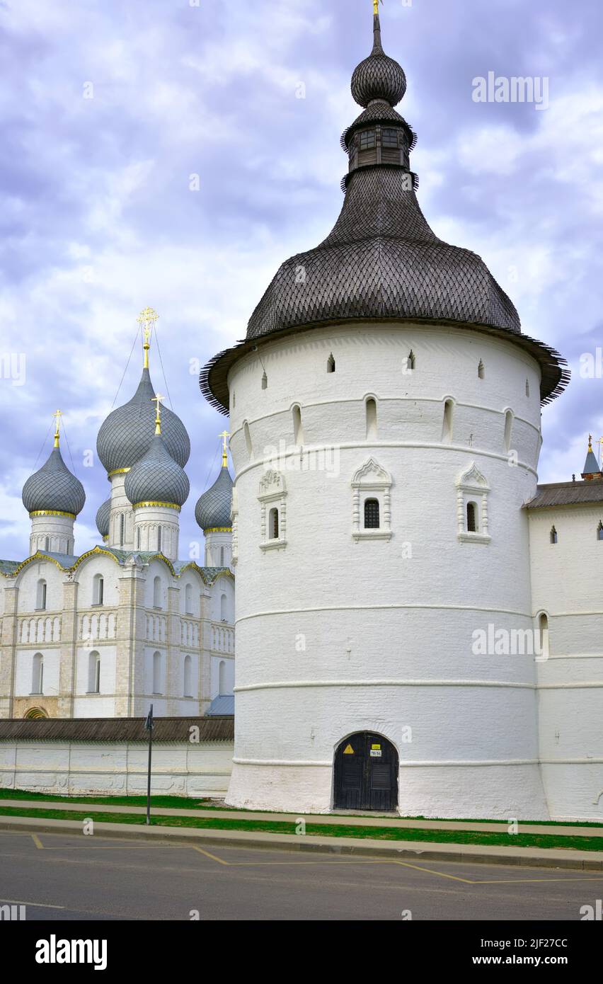 The white-stone Rostov Kremlin. Corner tower and domes of the ...