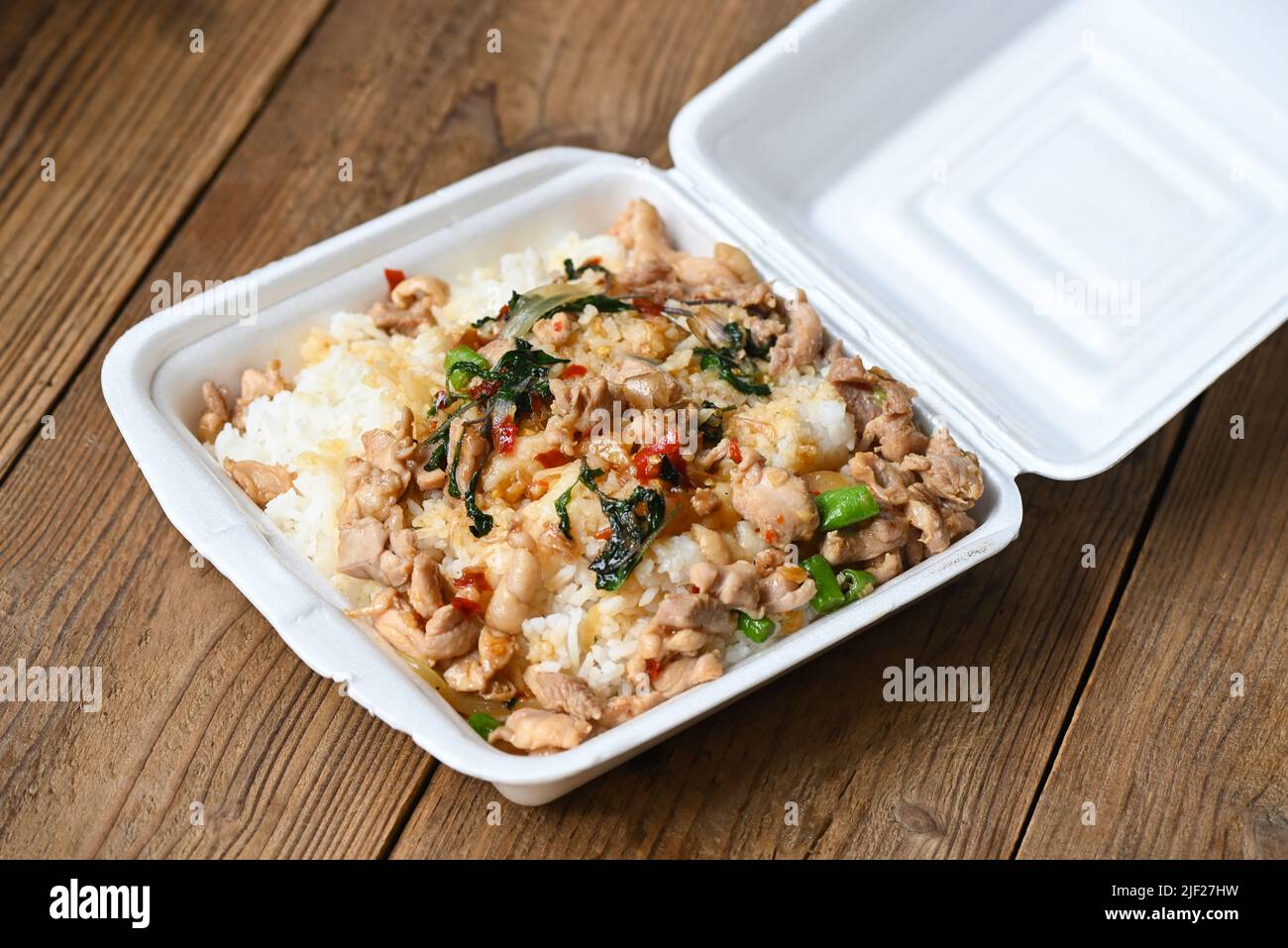 lunch box foam , food box with rice stir fried chicken with holy basil ...