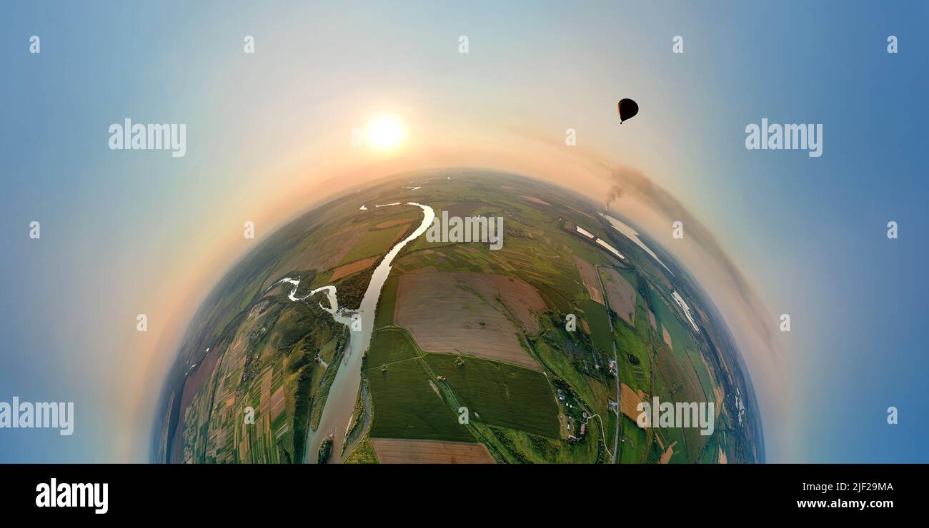 Aerial view from high altitude of little planet earth with small hot ...