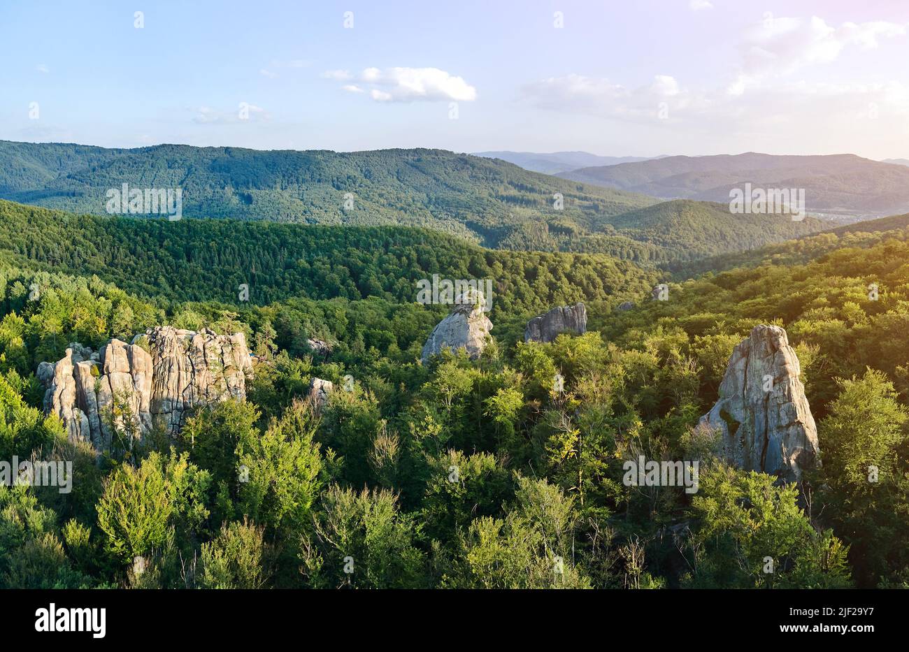 Aerial view of bright landscape with green forest trees and big rocky ...