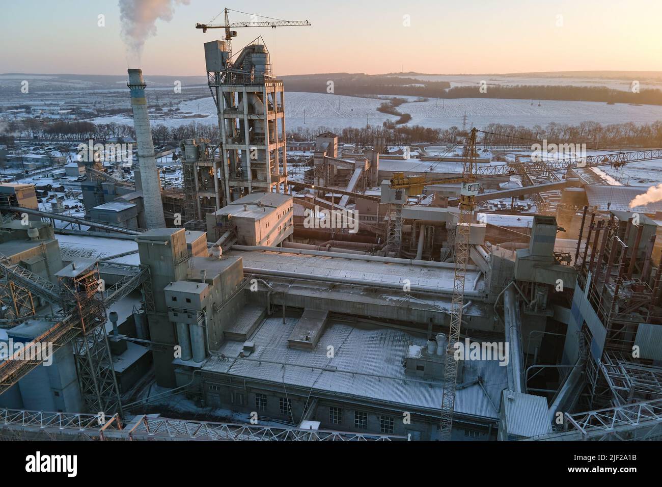 Aerial view of cement plant production area with high concrete factory ...
