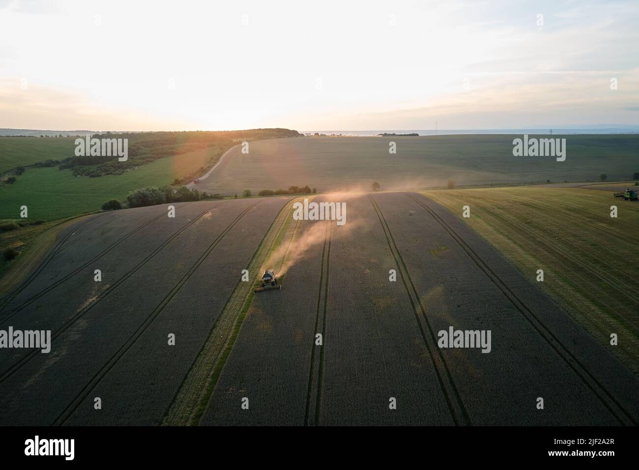 Aerial view of combine harvester working during harvesting season on ...