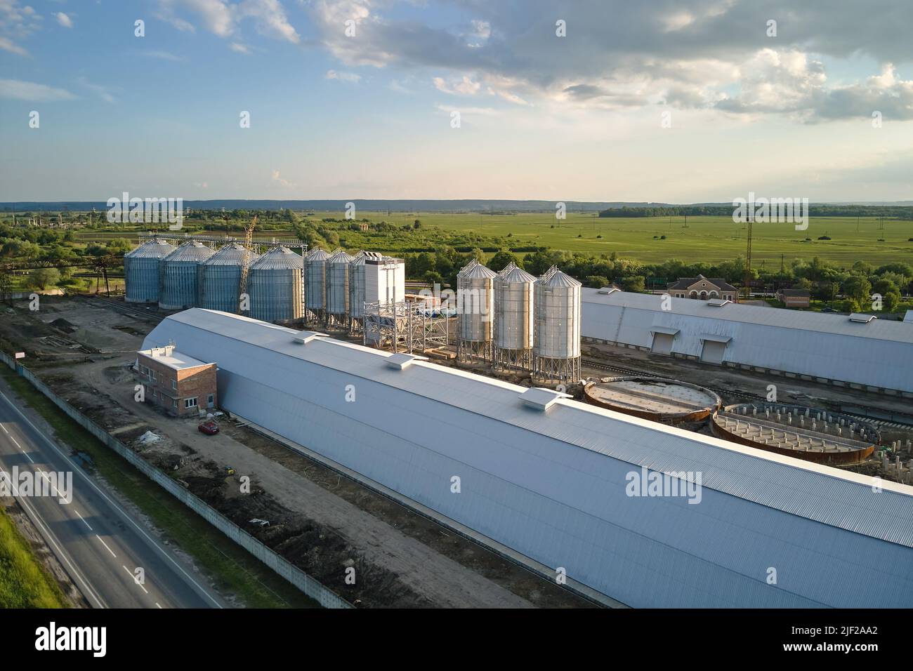 Aerial view of industrial ventilated silos for long term storage of ...