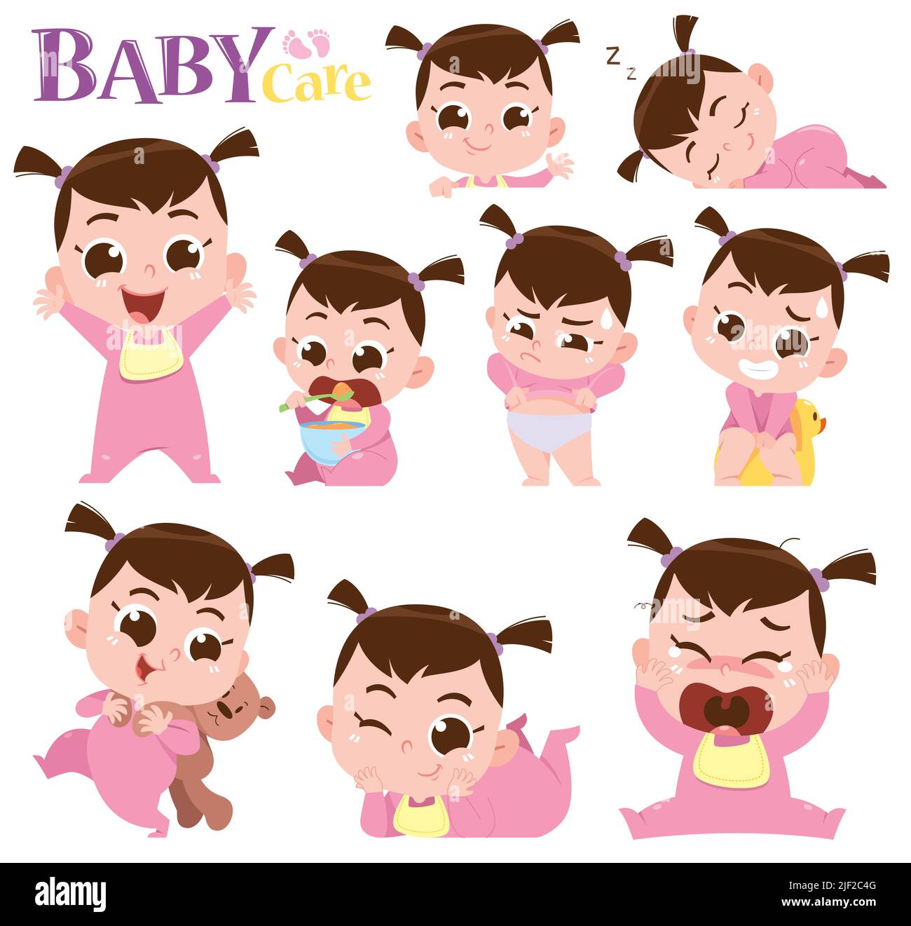 Cute Baby Girl Expressions and Activities – Baby Care Illustration ...