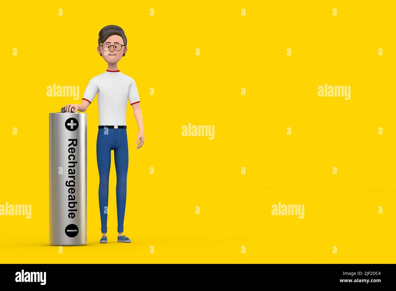 Cartoon Character Person Man with Rechargeable Battery on a yellow ...