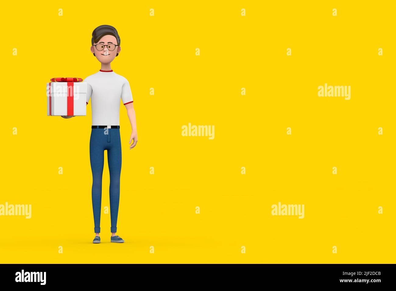 Cartoon Character Person Man and Gift Box with Red Ribbon on a yellow ...