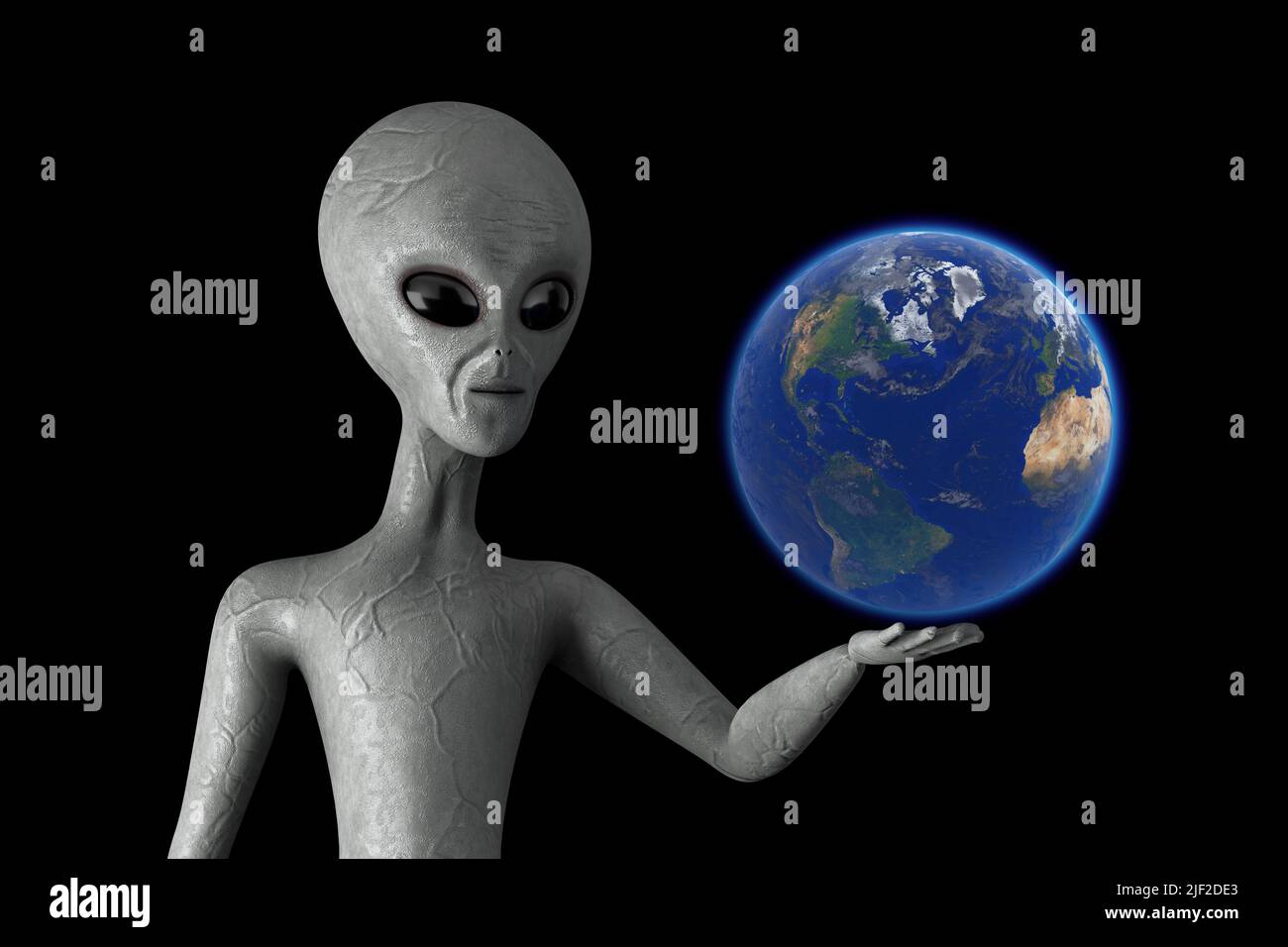 Blue Earth Globe Planet over Scary Gray Humanoid Alien Hand on a black ...
