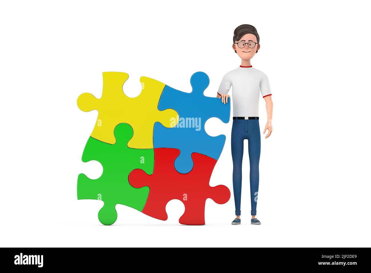 Cartoon Character Person Man with Four Pieces of Colorful Jigsaw Puzzle ...