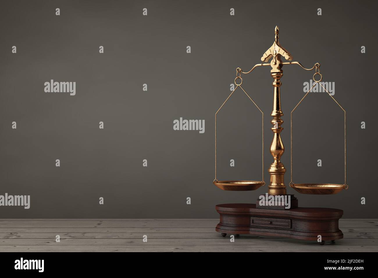 Old Justice Golden Weigh Scales Balance with the Two Arms on a wooden ...