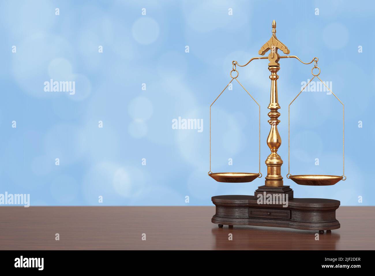 Old Justice Golden Weigh Scales Balance with the Two Arms on a blue ...