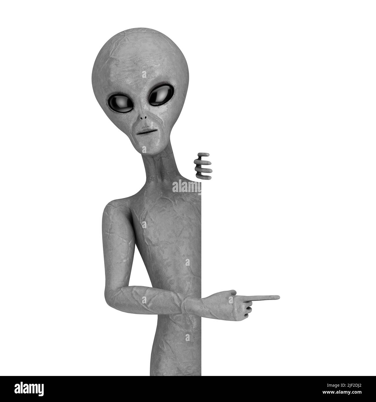 Scary Gray Humanoid Alien with Blank Presentation or Information Board ...