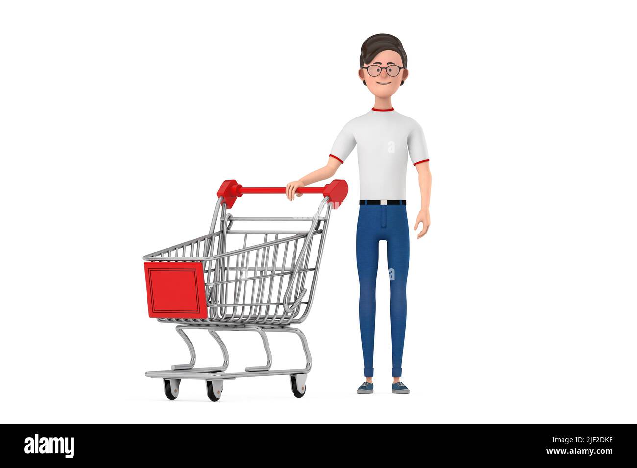 Cartoon Character Person Man with Shopping Cart Trolley on a white ...