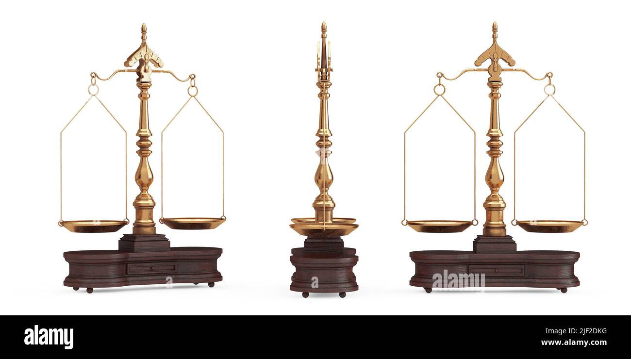 Old Justice Golden Weigh Scales Balance with the Two Arms on a white ...
