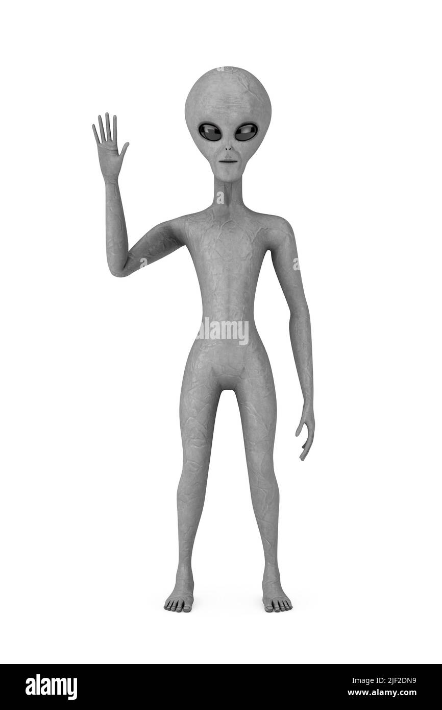 Scary Gray Humanoid Alien Saying Hello and Waving with Hand on a white ...