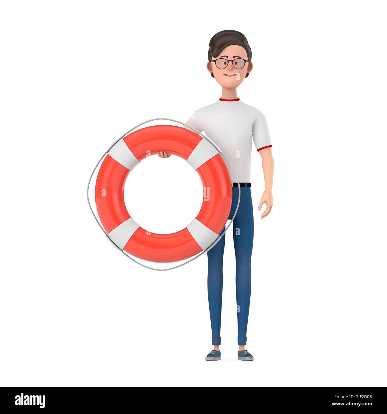 Cartoon Character Person Man with Life Buoy on a white background. 3d ...