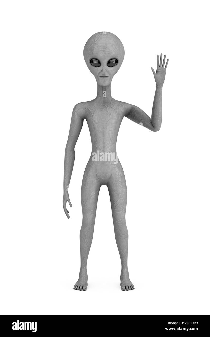 Scary Gray Humanoid Alien Saying Hello and Waving with Hand on a white ...