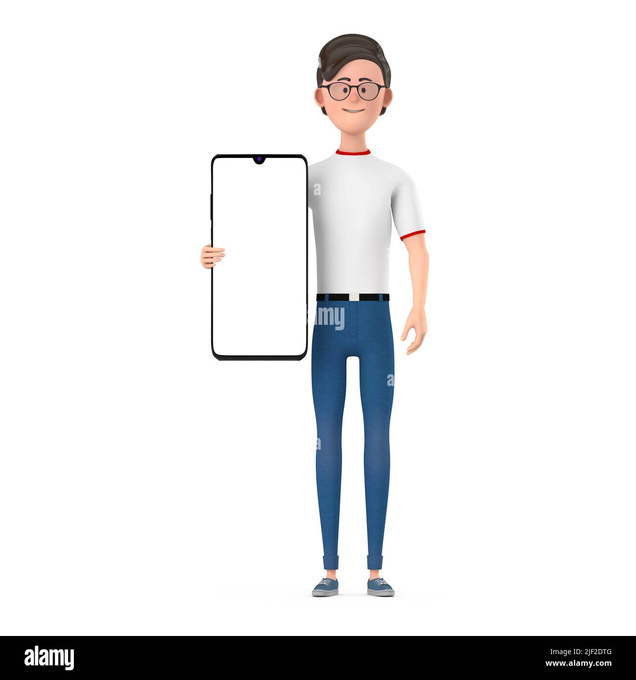 Cartoon Character Person Man and Modern Mobile Phone with Blank Screen ...