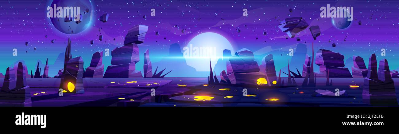 Alien night planet landscape, space game panoramic background with ...