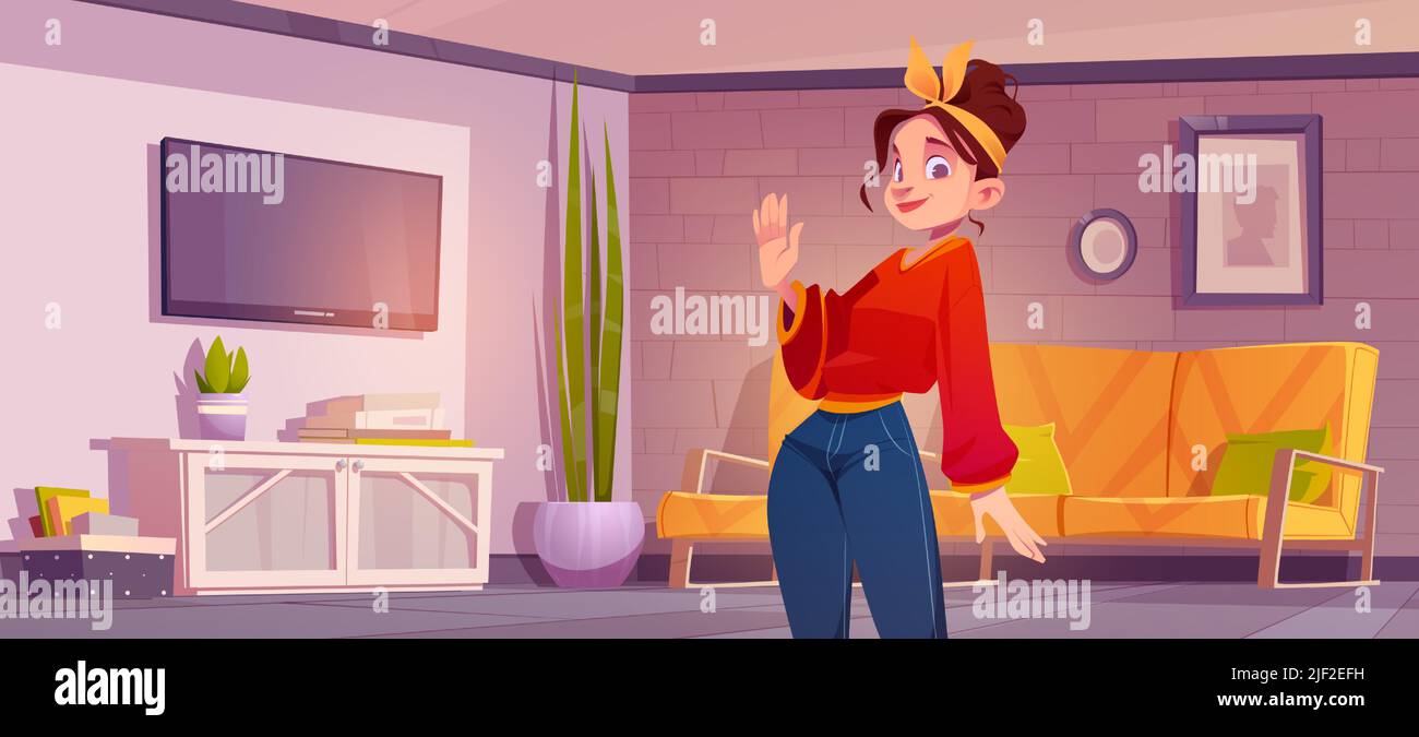 Woman in living room with couch, tv set and stand with books. Vector ...