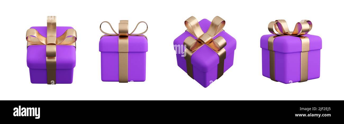 Realistic violet gift box set with golden ribbon bow. Concept of ...