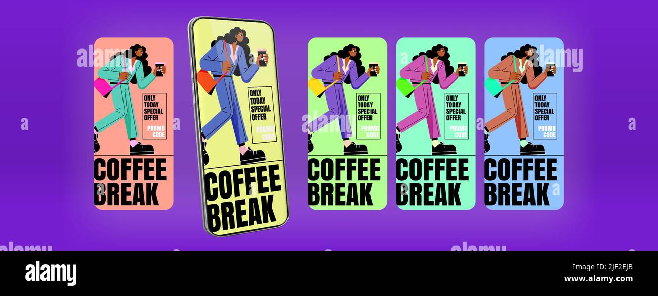 Coffee break special offer with promo code mobile app page, phone ...