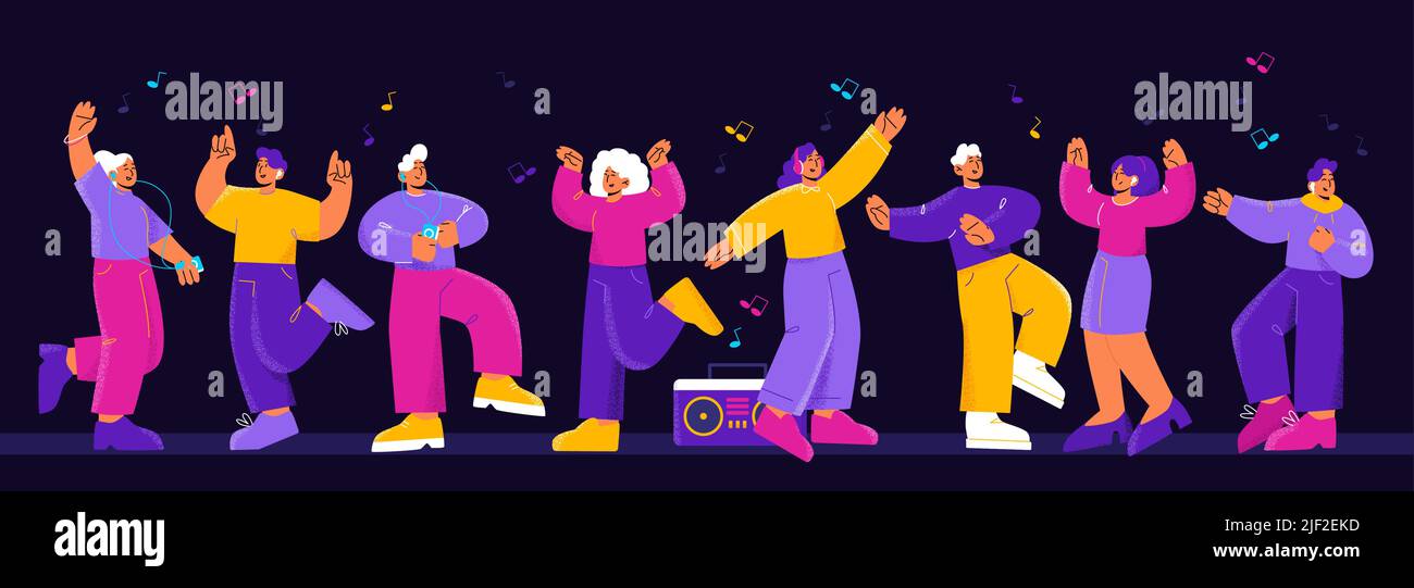 Dance party banner with group of happy people and music from boombox ...