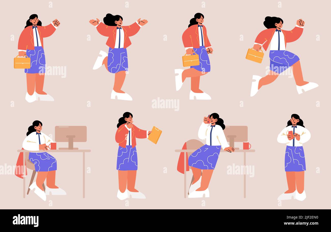 Woman worker poses set. Businesswoman with bag and phone in office ...