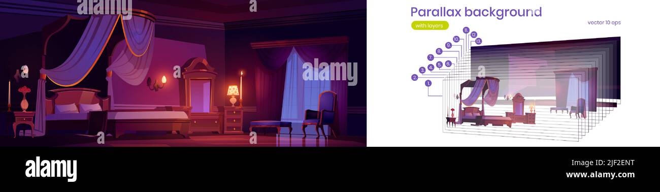Parallax background luxury bedroom at night 2d interior. Dark room with ...