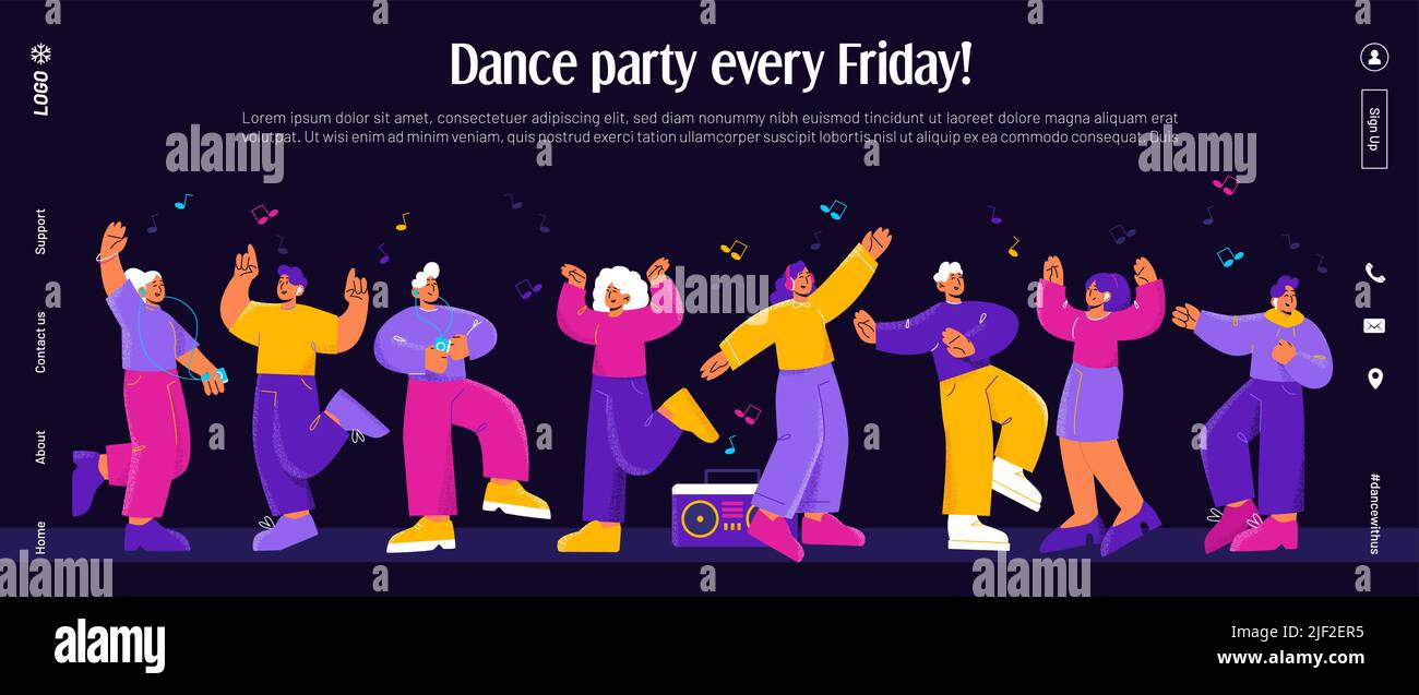 Dance party banner with group of happy people and music from boombox ...