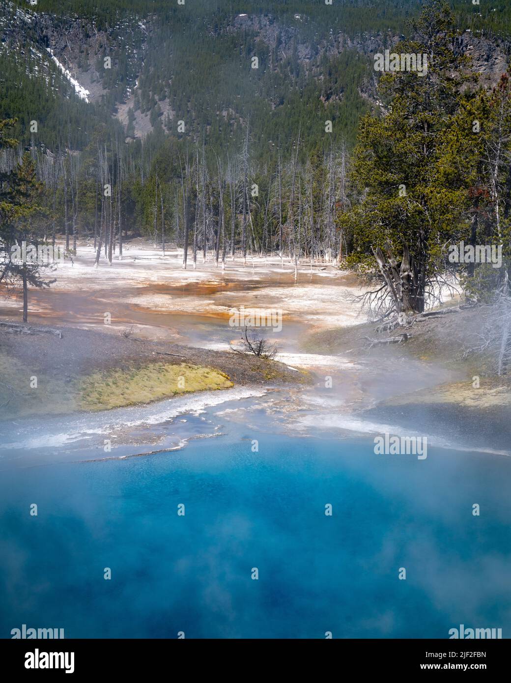 A deep blue hot spring's runoff runs down a hill into a deathly valley ...