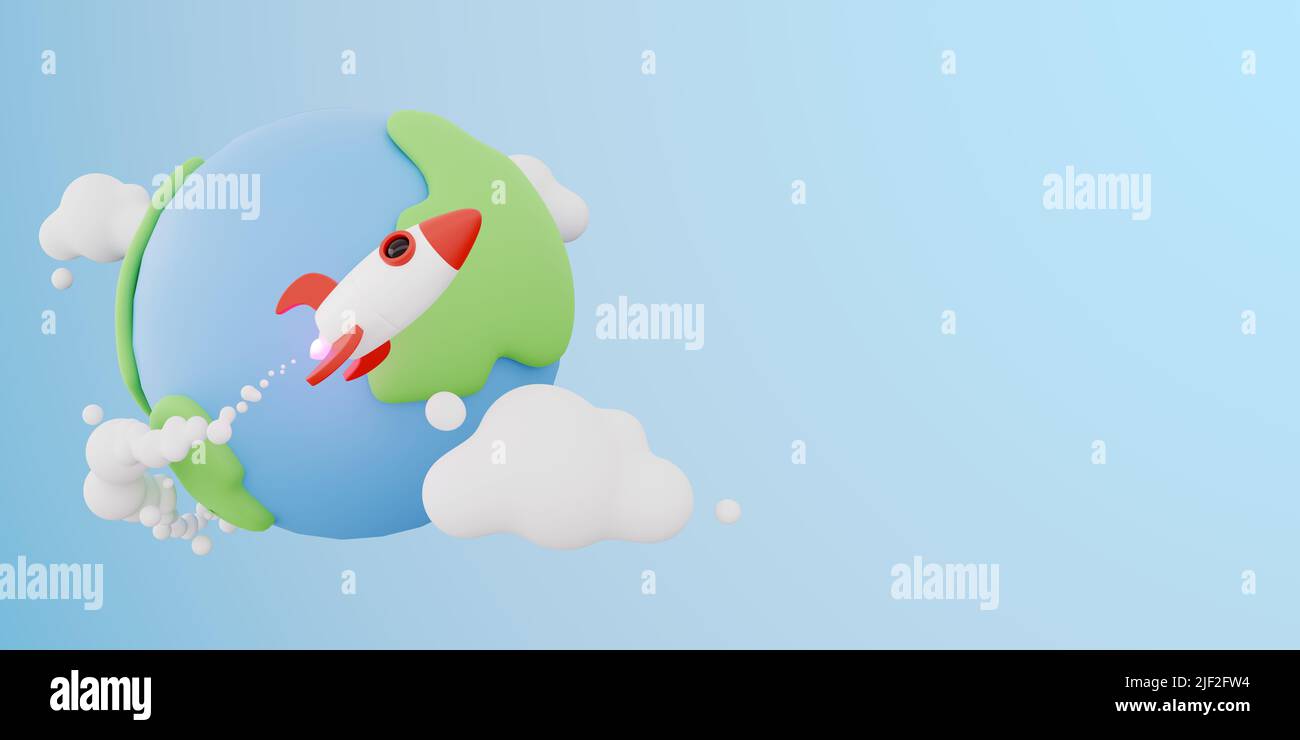 3D render Rocket ship globe travel icon illustration with 3d flying ...