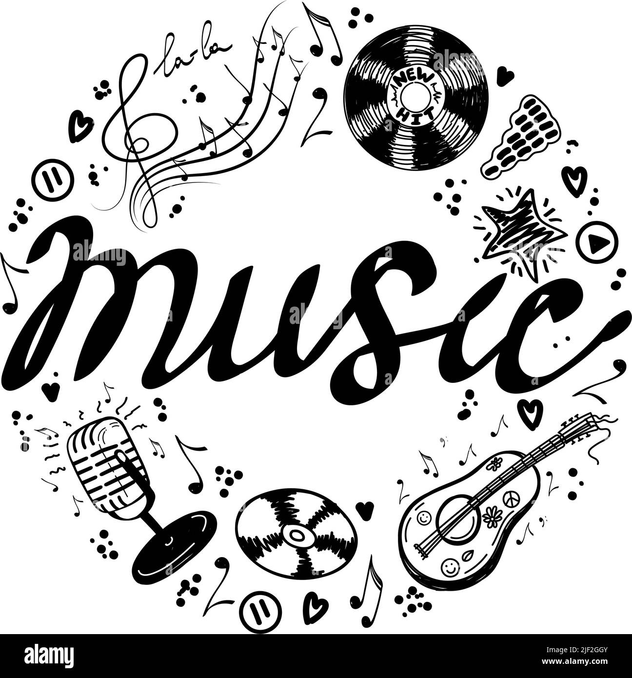 Frame with musical elements in a circle, hand-drawn in sketch style ...