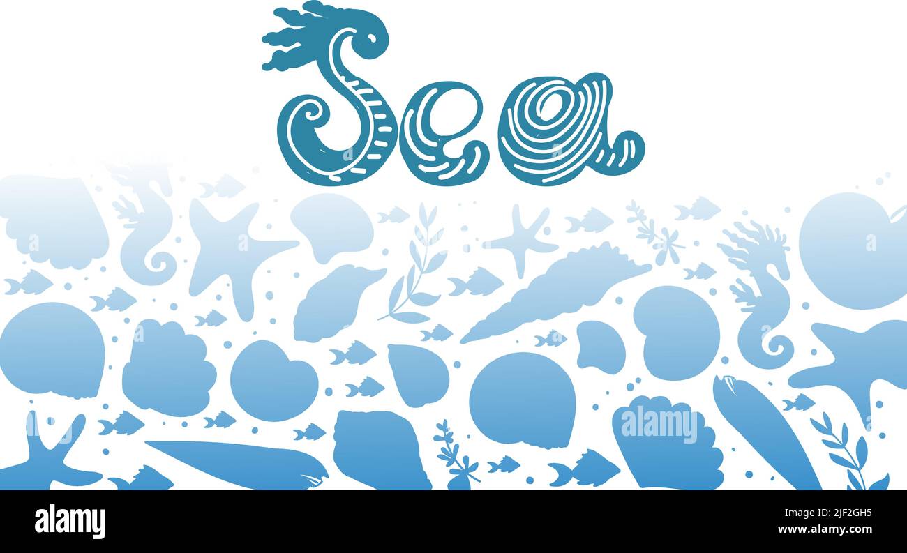 Banner with silhouettes of sea creatures on white background. Design ...