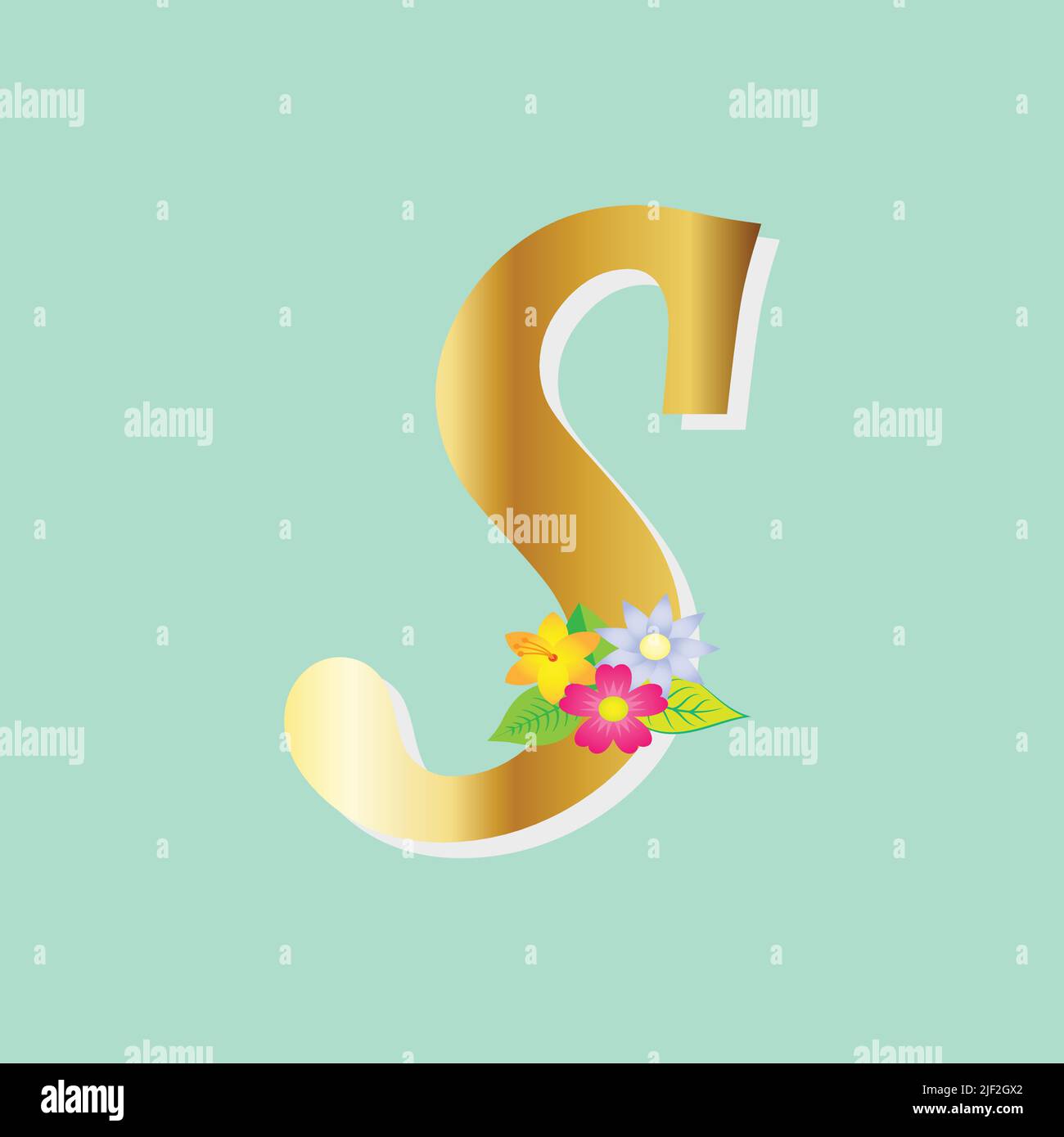 Floral alphabet with flowers and gold glitter composition. botanic ...