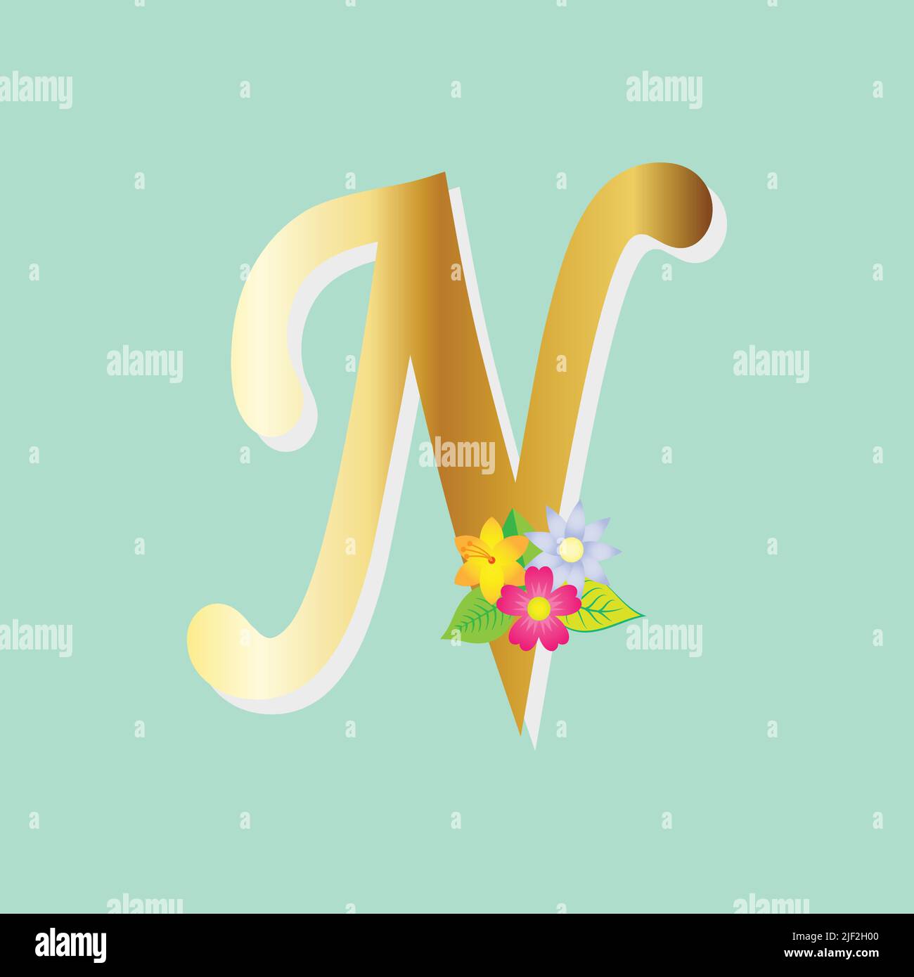 Floral alphabet with flowers and gold glitter composition. botanic ...