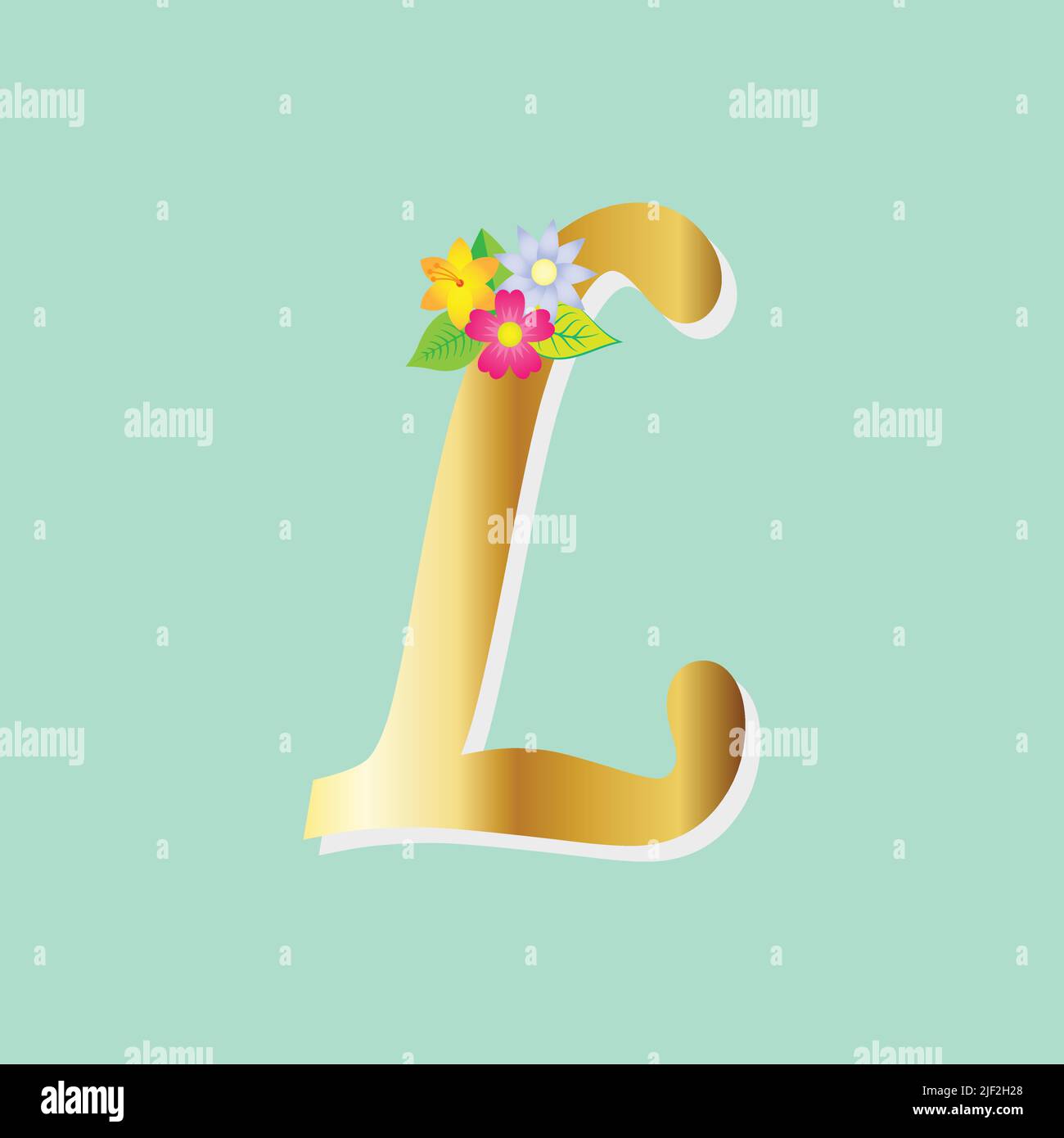 Floral alphabet with flowers and gold glitter composition. botanic ...