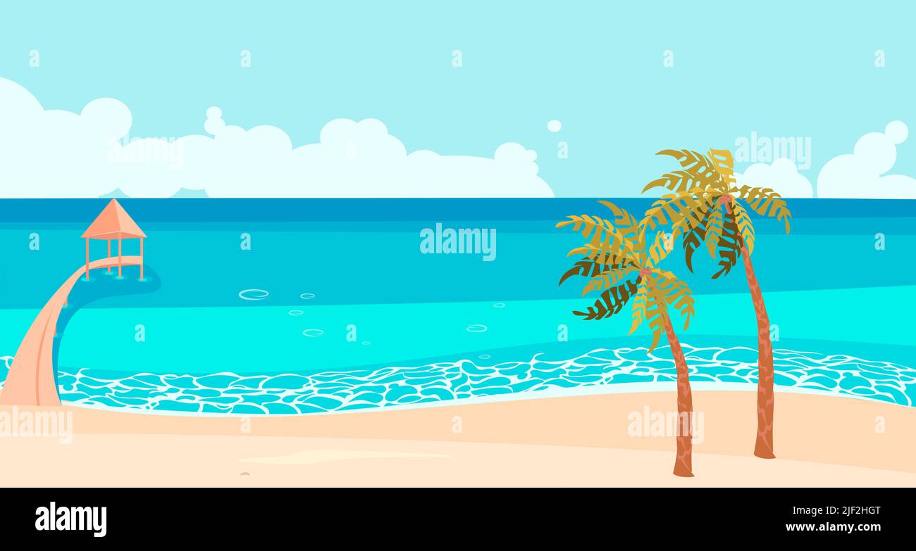 Horizontal banner of abstract seascape with palm tree, tropical beach ...