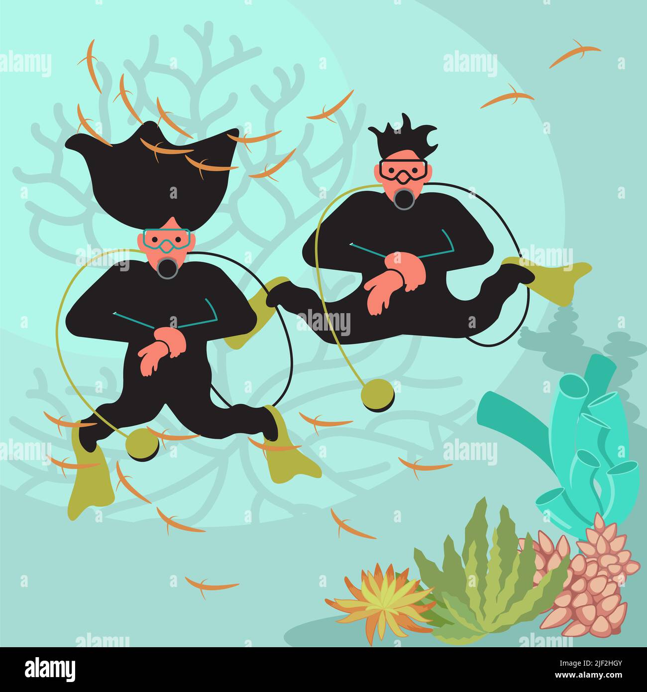 Underwater scene with Scuba diving people. Man and woman divers on ...