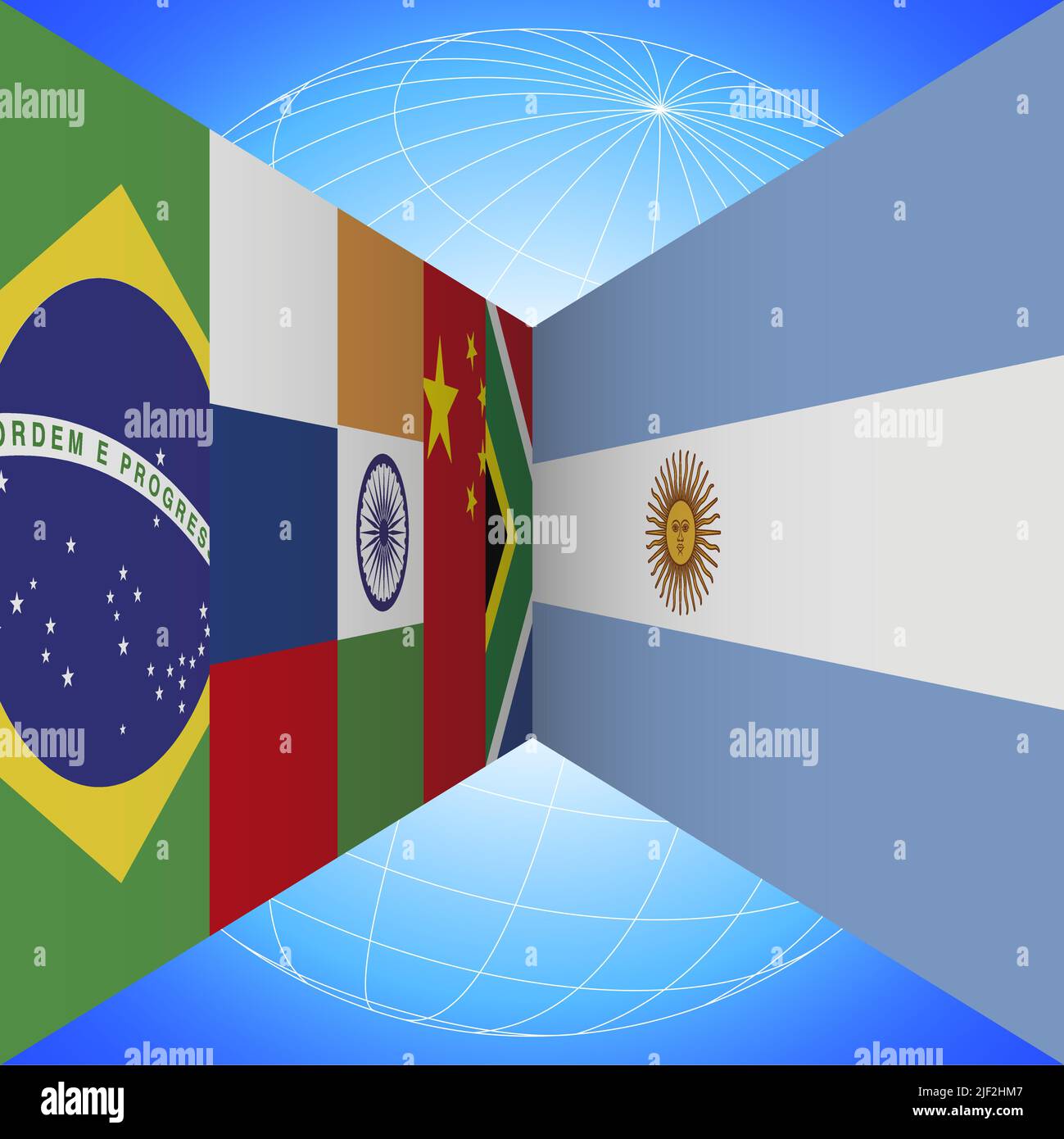 BRICS flags countries and Argentina flag with earth globe in ...