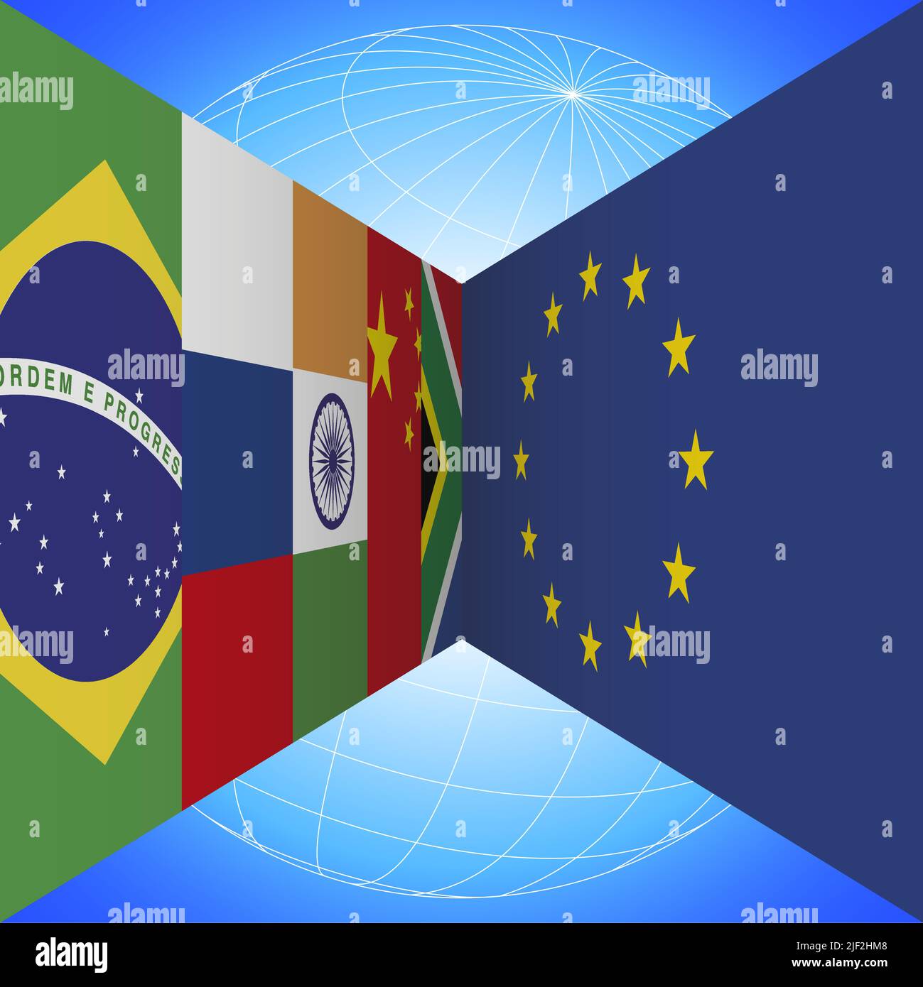 BRICS flags countries and European Union flag with earth globe in ...