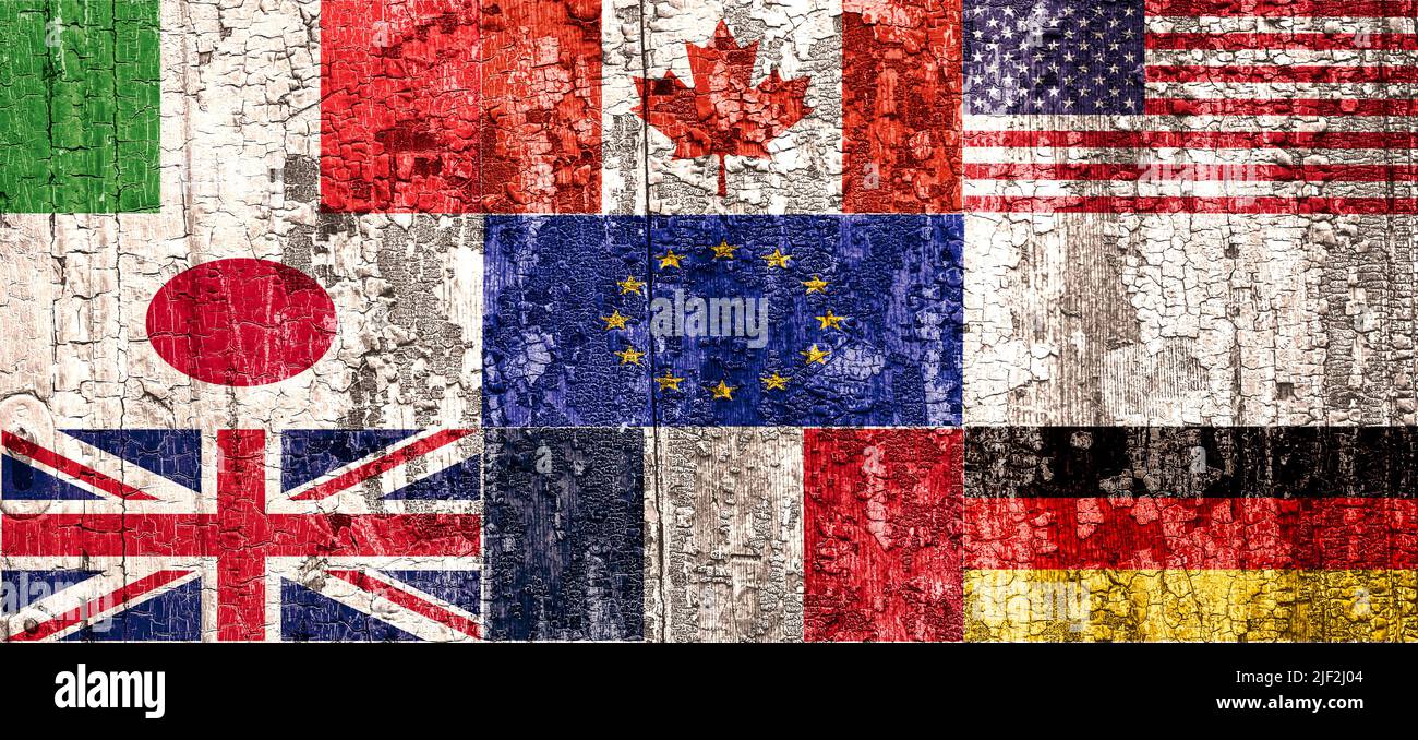 G7 summit. flags of members of G7 group of seven and list of countries ...