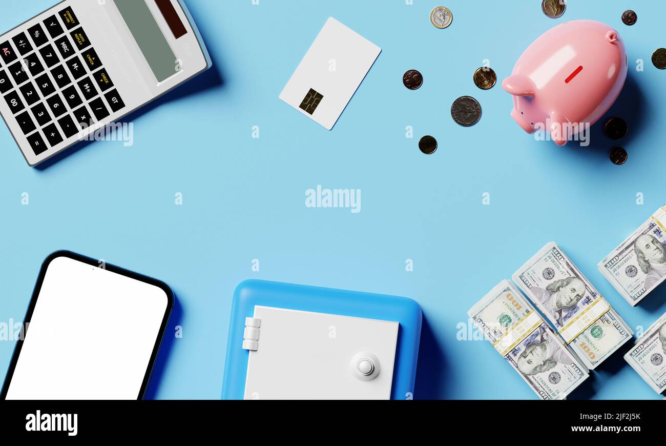 Banking and financial props with money savings equipment on blue paper ...