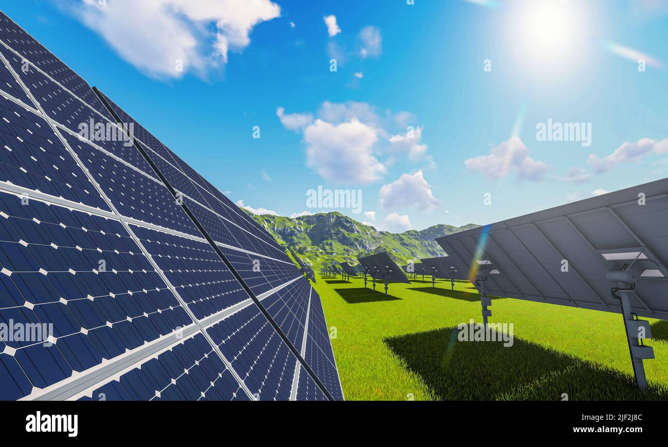 Solar power station with solar panels for producing electric power energy by green power ...