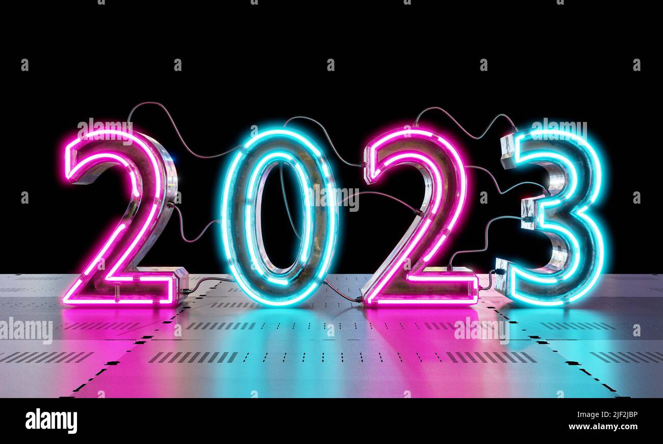 2023 neon lighting on metallic floor background. Technology and Abstract wallpaper concept ...