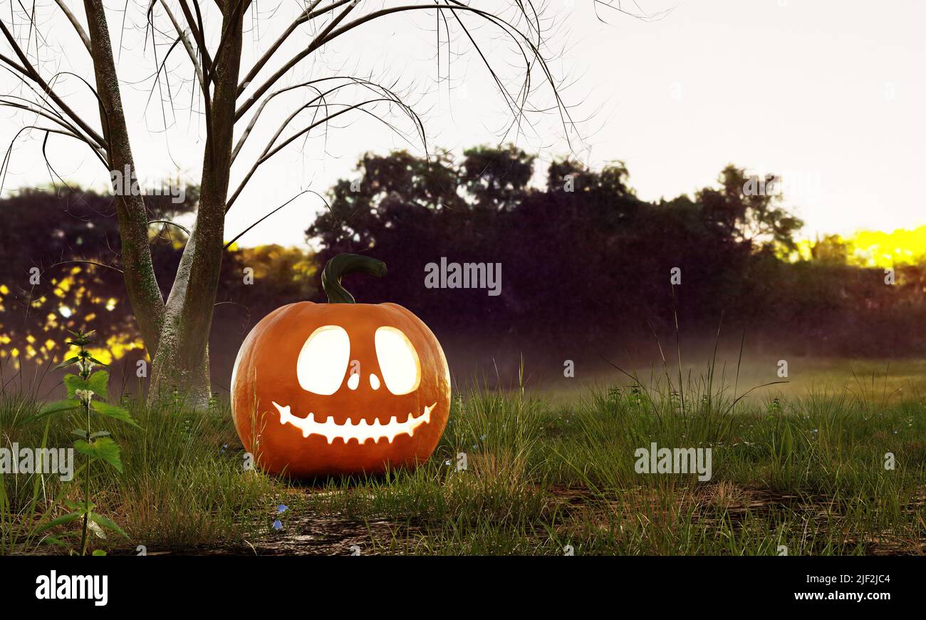 Halloween Jack O Lantern pumpkin under the dead tree in terrifying ...
