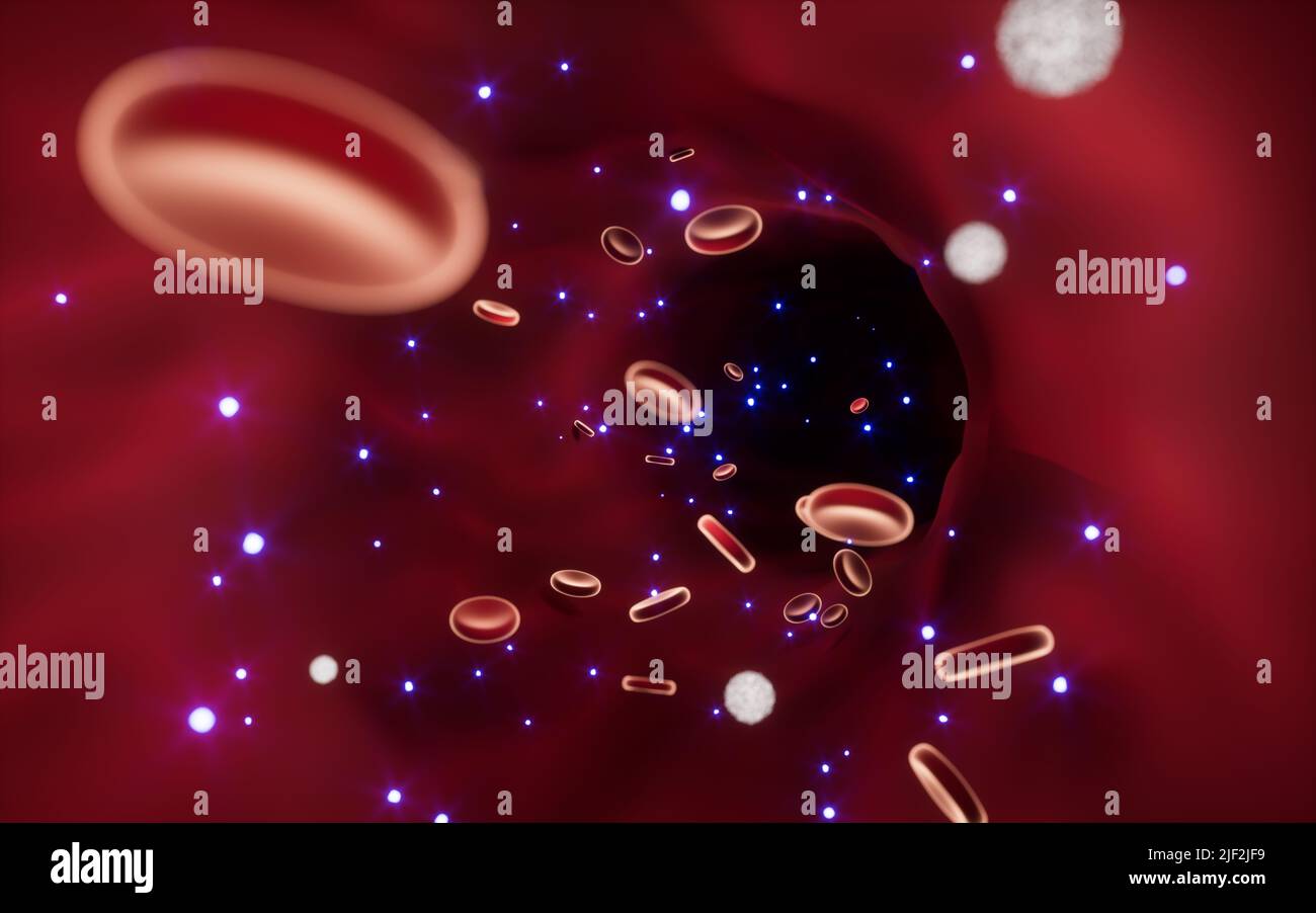 Drugs and cells in blood vessels, 3d rendering. Computer digital ...