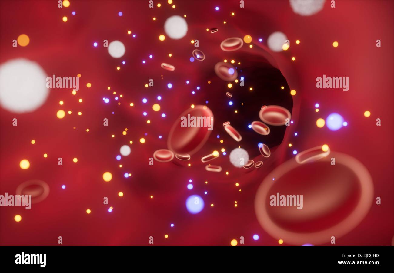 Drugs and cells in blood vessels, 3d rendering. Computer digital ...