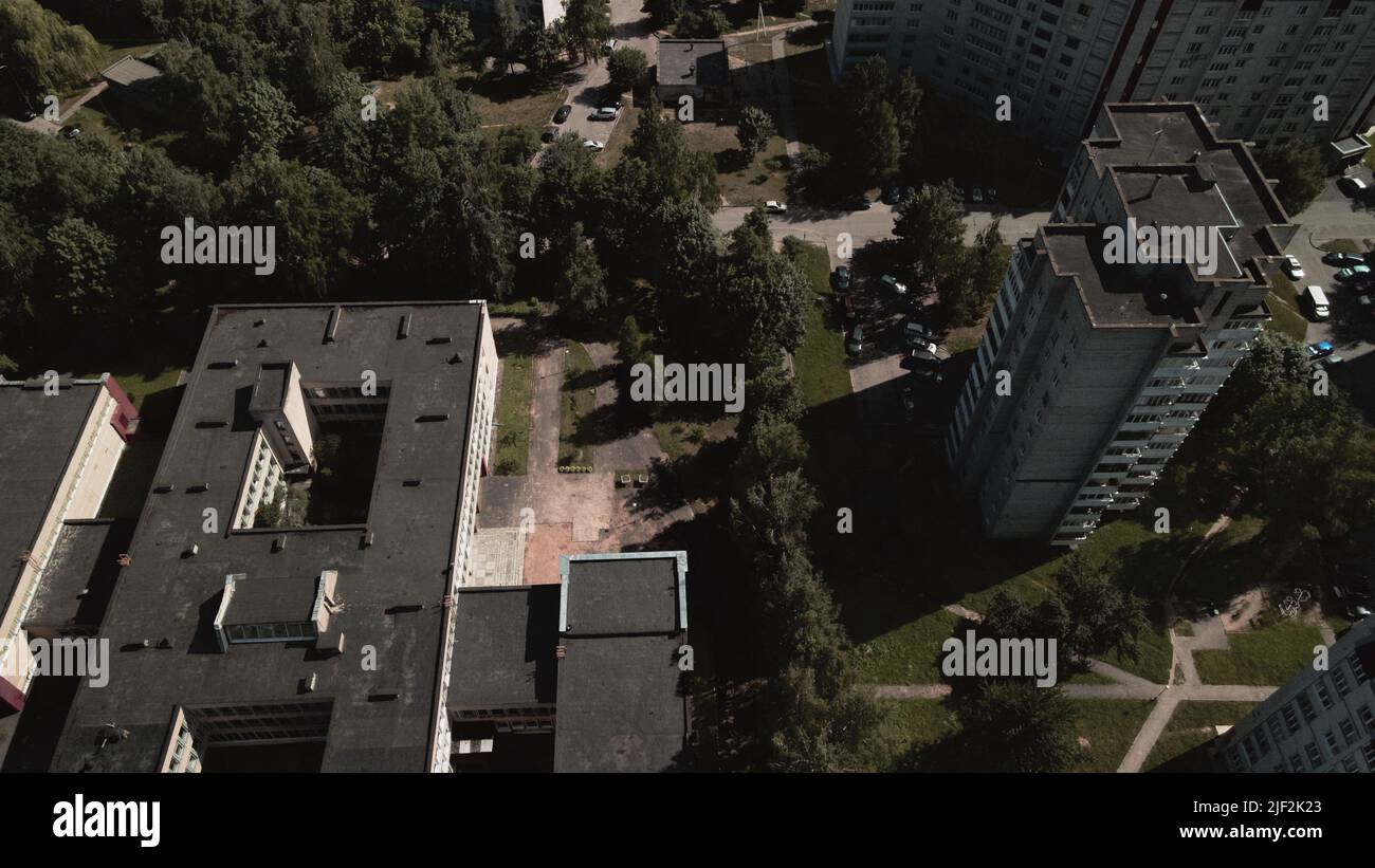 Tranquil suburbs in a big city. Multi-storey buildings and a large ...